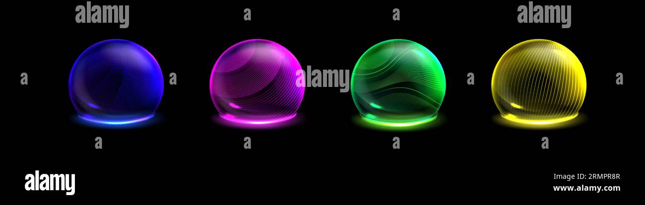 Set of neon color sphere shields isolated on black background. Vector ...