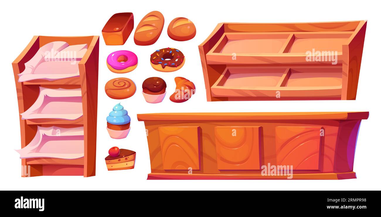 Bakery shop interior with cake, donut and bread showcase cartoon set ...