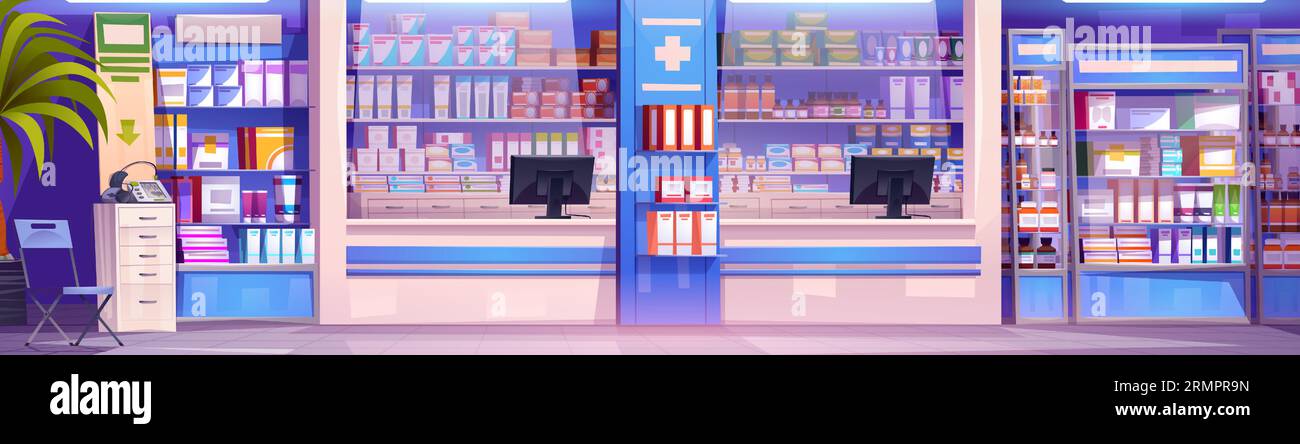 Pharmacy interior with drugs on shelves. Vector cartoon illustration of ...