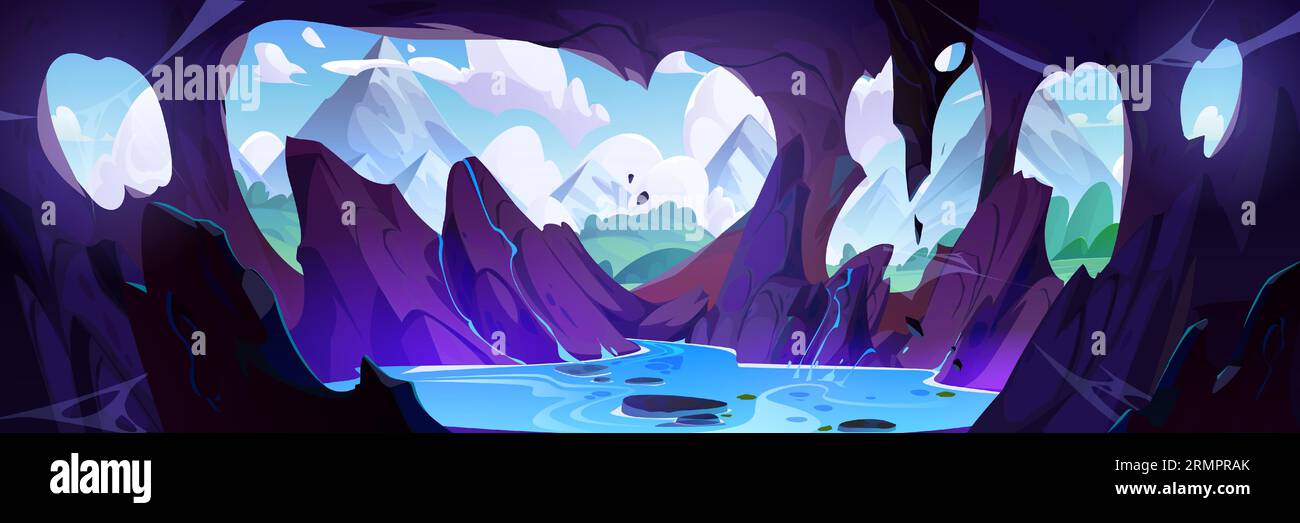 Rock cave illustration and mountain view. Stone grotto with hole near ...