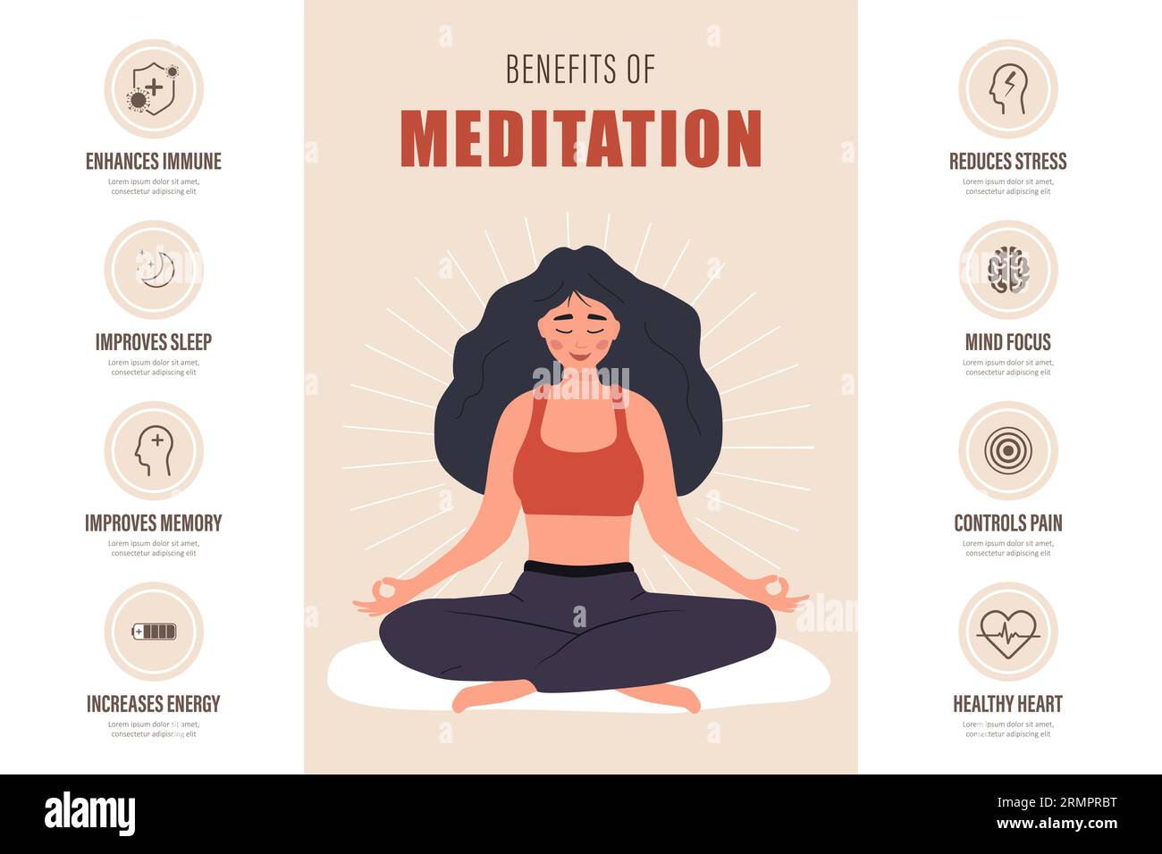 Benefits of meditation infographic. Female character practicing yoga ...