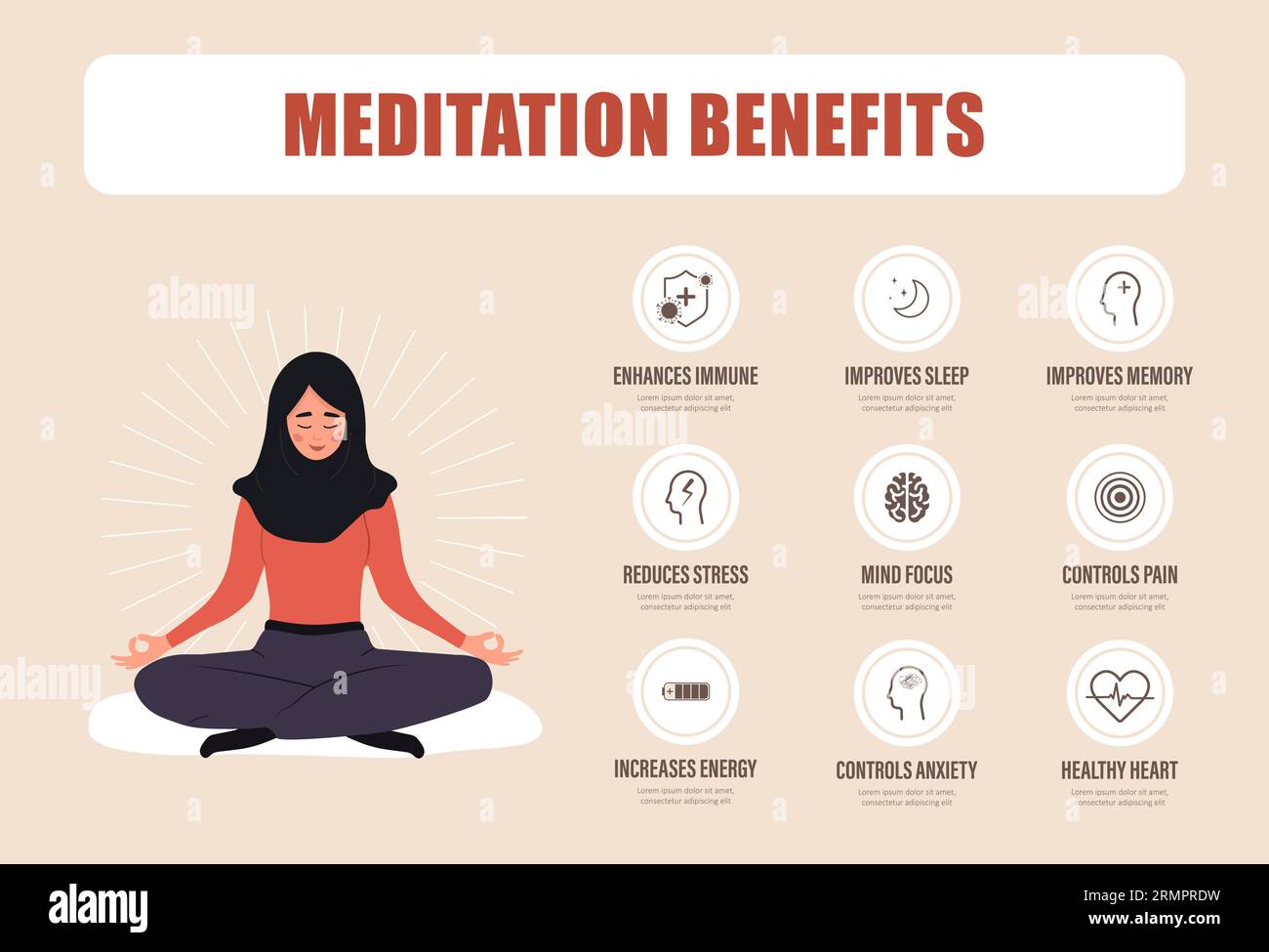 Meditation benefits. Arab woman sitting in lotus position and keep calm ...