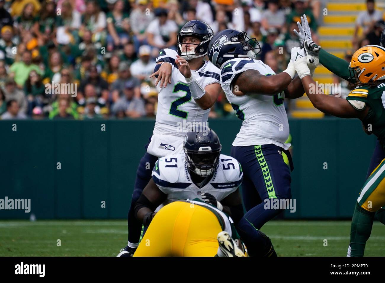 Seattle Seahawks quarterback Drew Lock (2) throws a pass during a ...
