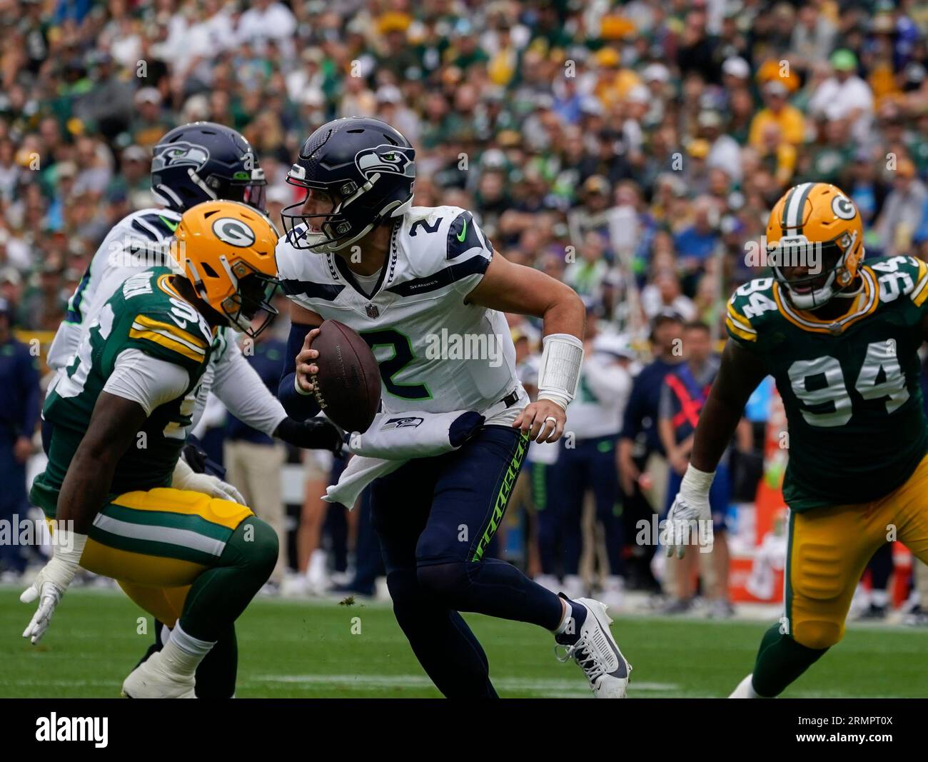 Seattle Seahawks quarterback Drew Lock (2) scrambles during a preseason ...