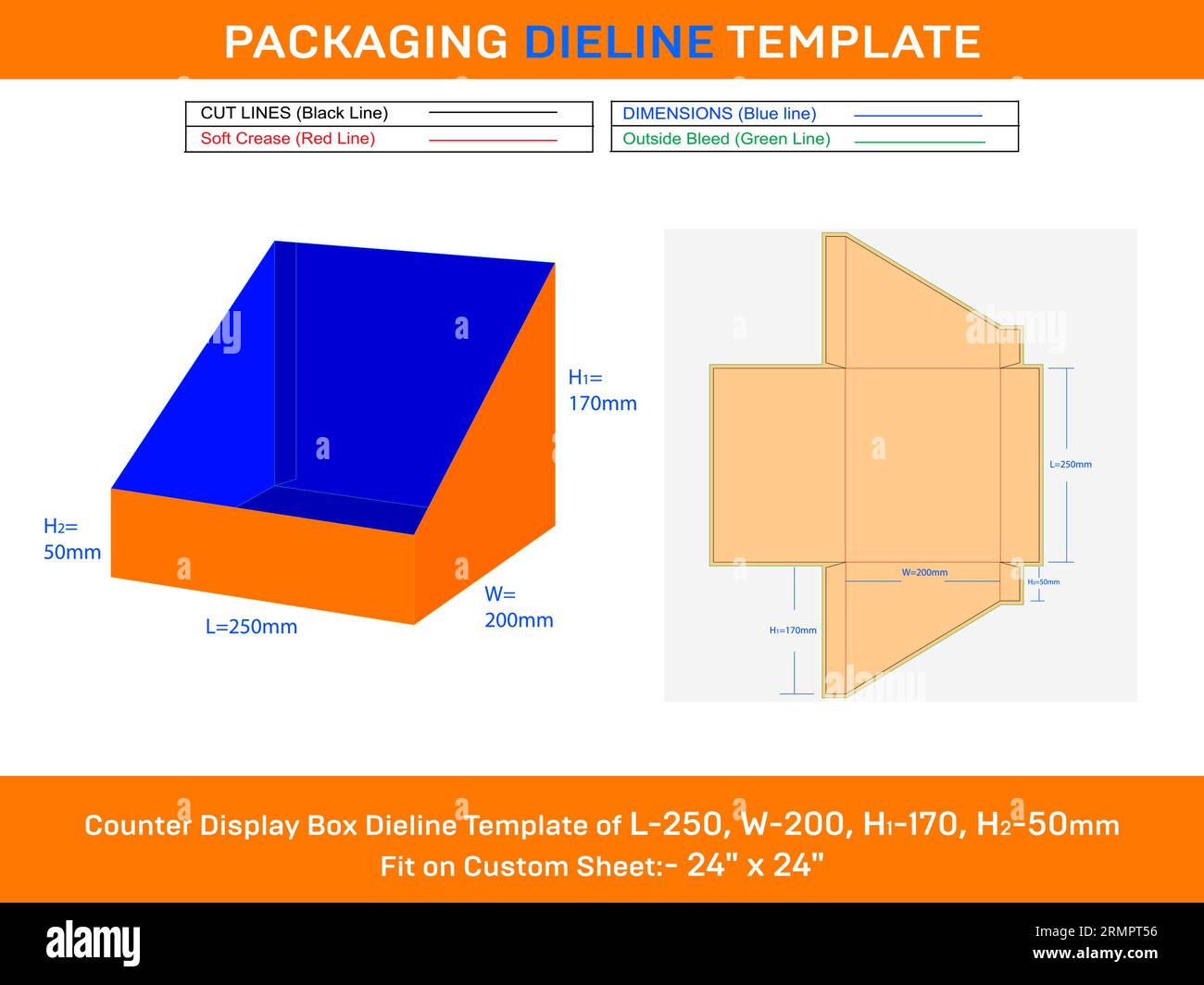 Cardboard counter top display box die line template L 250xW 200xH1 ...
