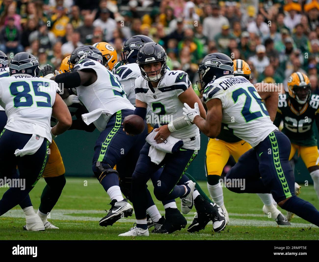 Seattle Seahawks quarterback Drew Lock (2) hands off the ball to ...