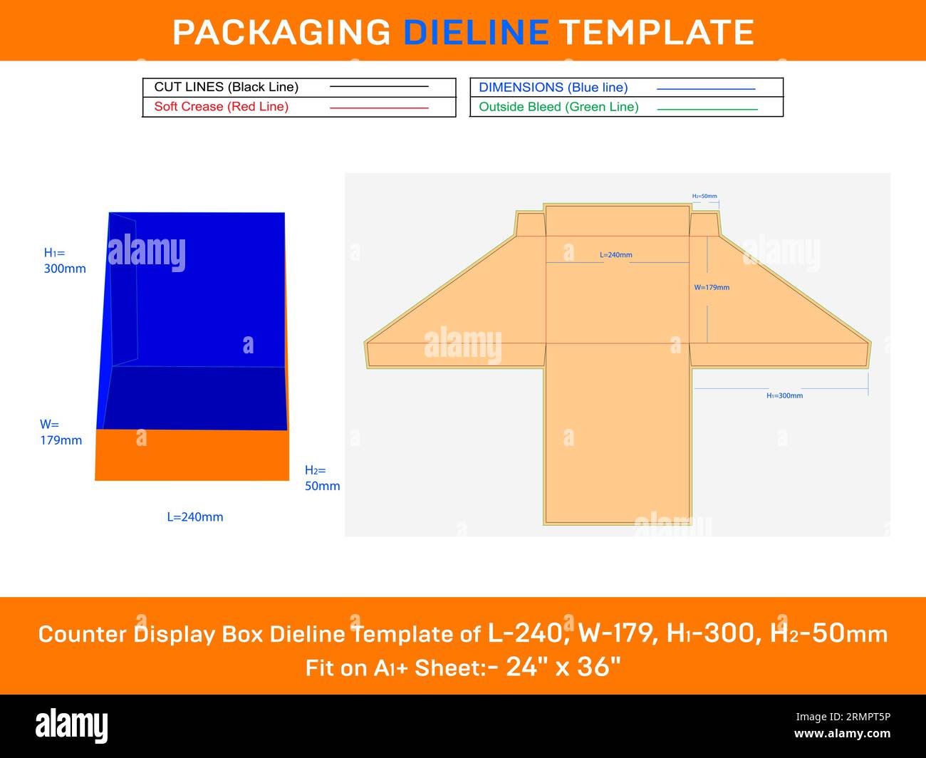Cardboard counter display box die line template for small paper L 240xW ...