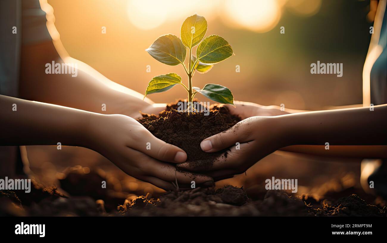 Pick up the sapling with both hands and plant it into the ground Stock ...