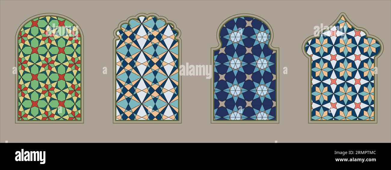 Islamic window shape with color mashrabiya pattern. Arabic door frame ...