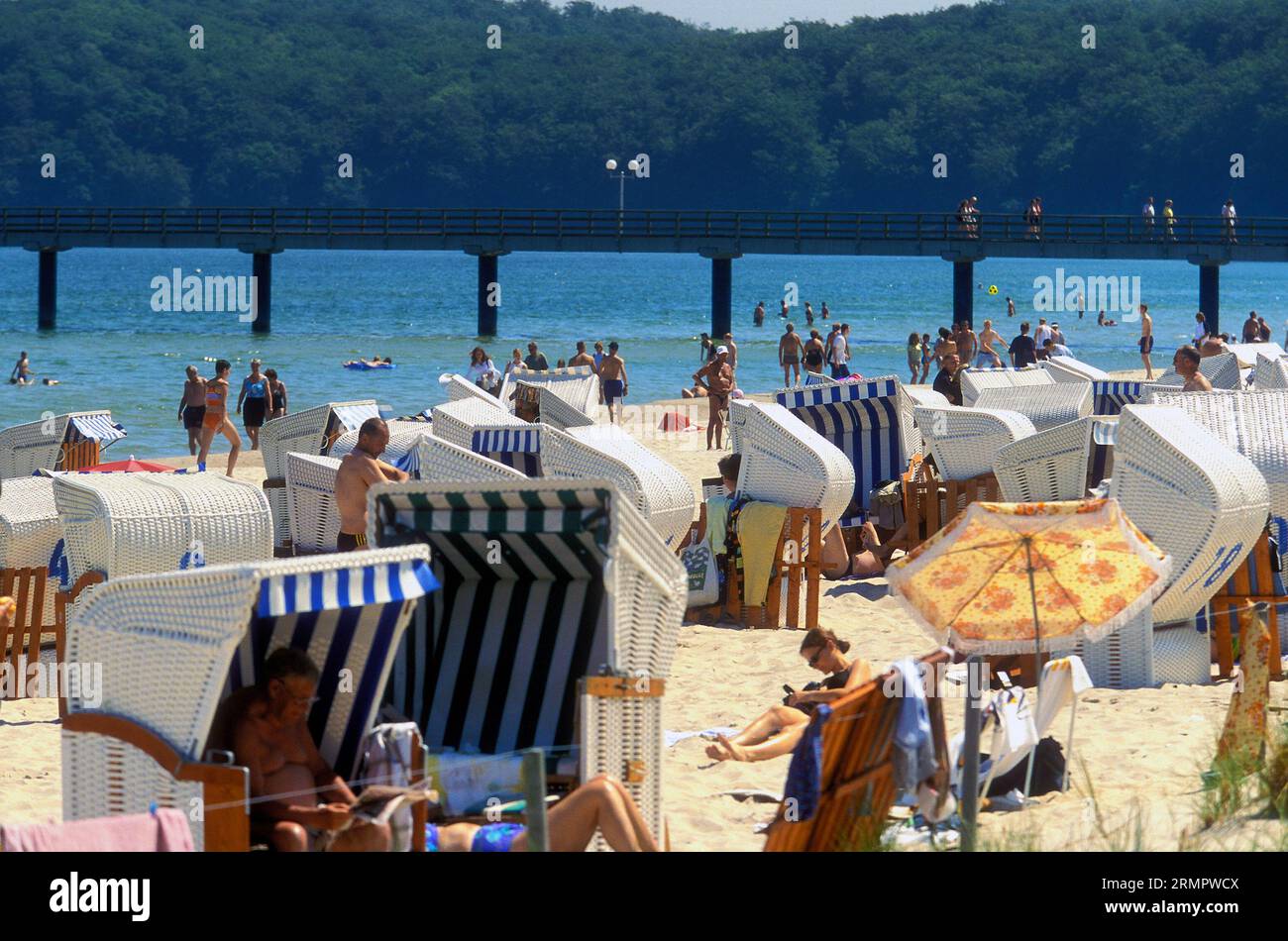 Beach scene of wind shelters or Strandkorb, Binz, Rugen, Germany Stock ...