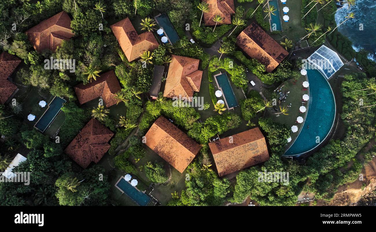 Aerial view of a premium hotel complex with swimming pools in Sri Lanka ...