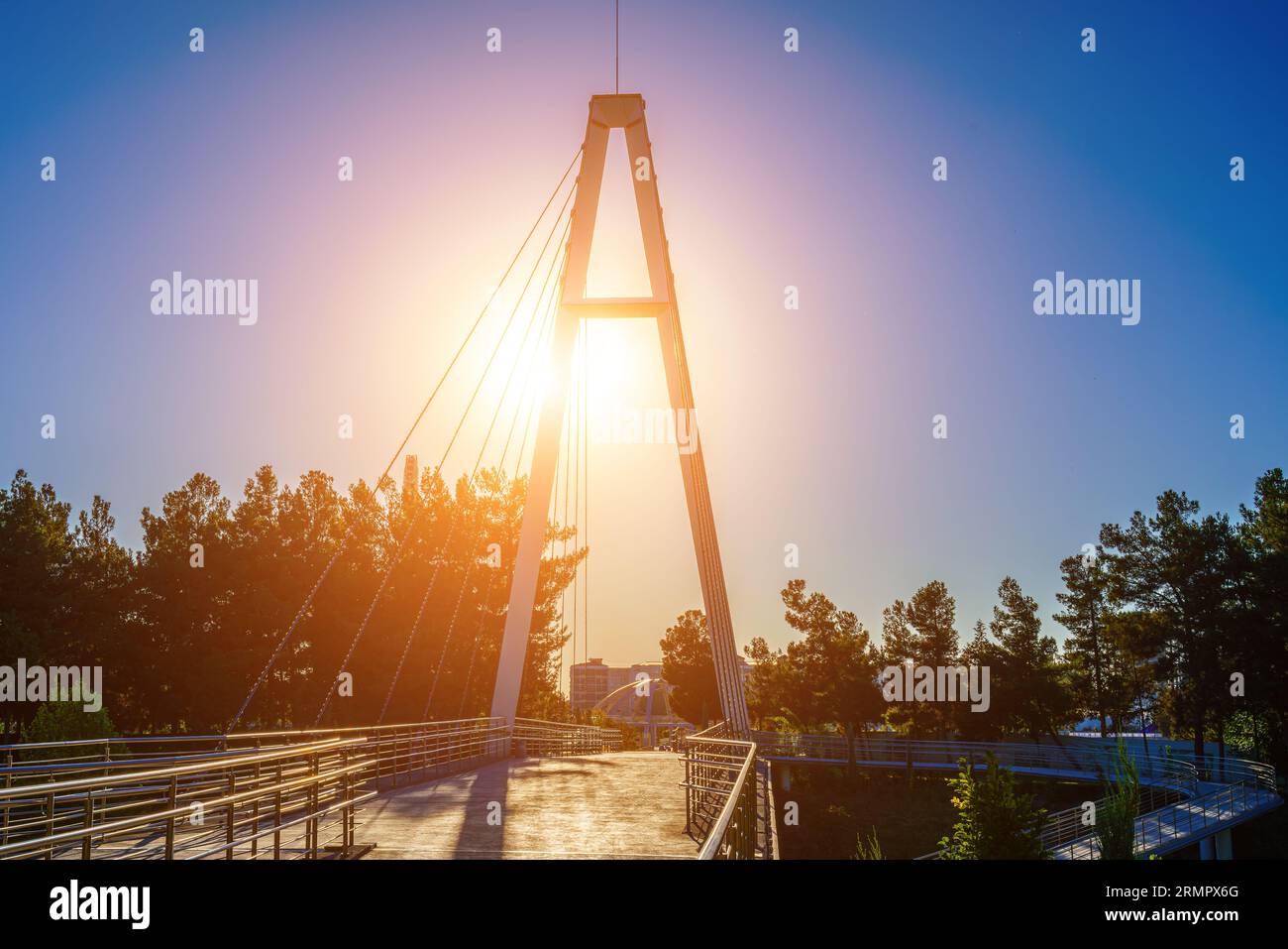 Modern footbridge with steel cables across the Anhor canal in Navruz ...