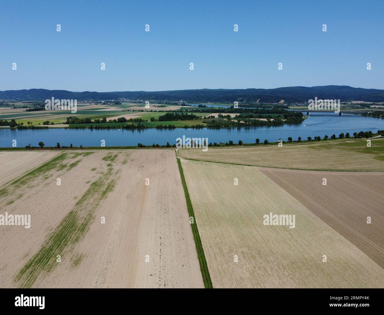 Danube river with dried up fields near Woerth Donau and the lock in ...