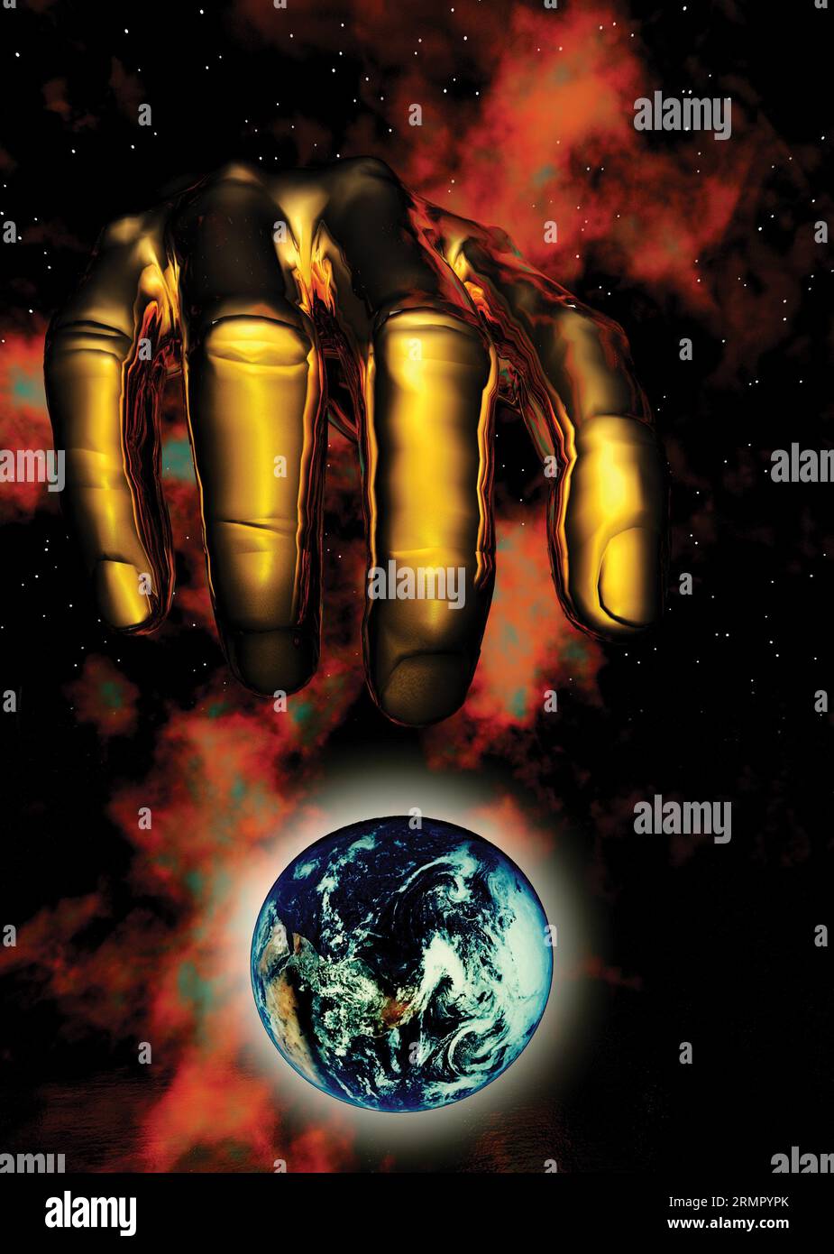 giant metal hand hovering over planet Earth Stock Photo - Alamy