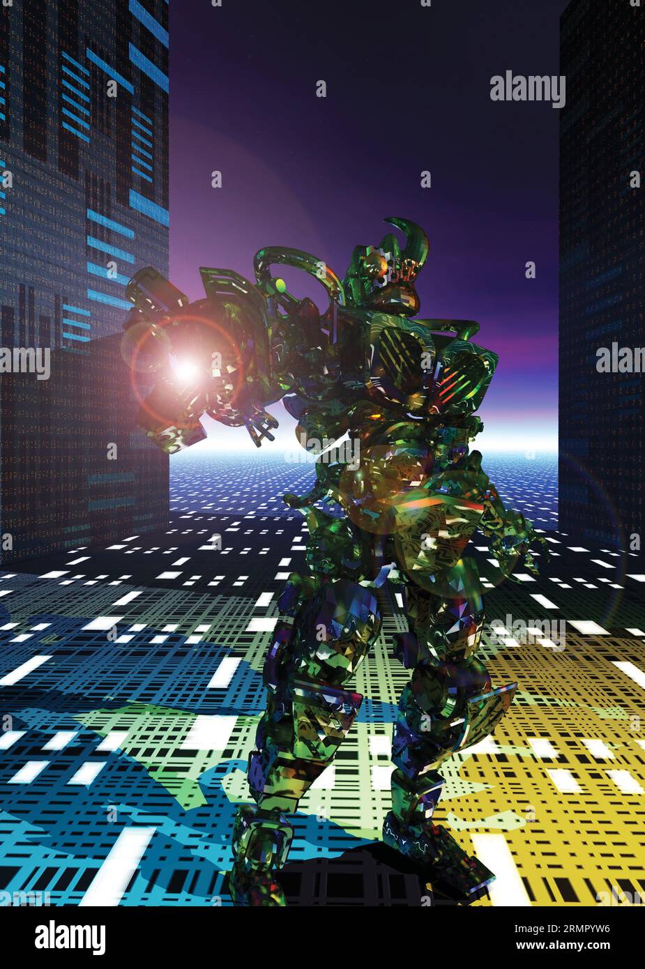 robotic warrior on a alien structure surface firing a weapon Stock ...