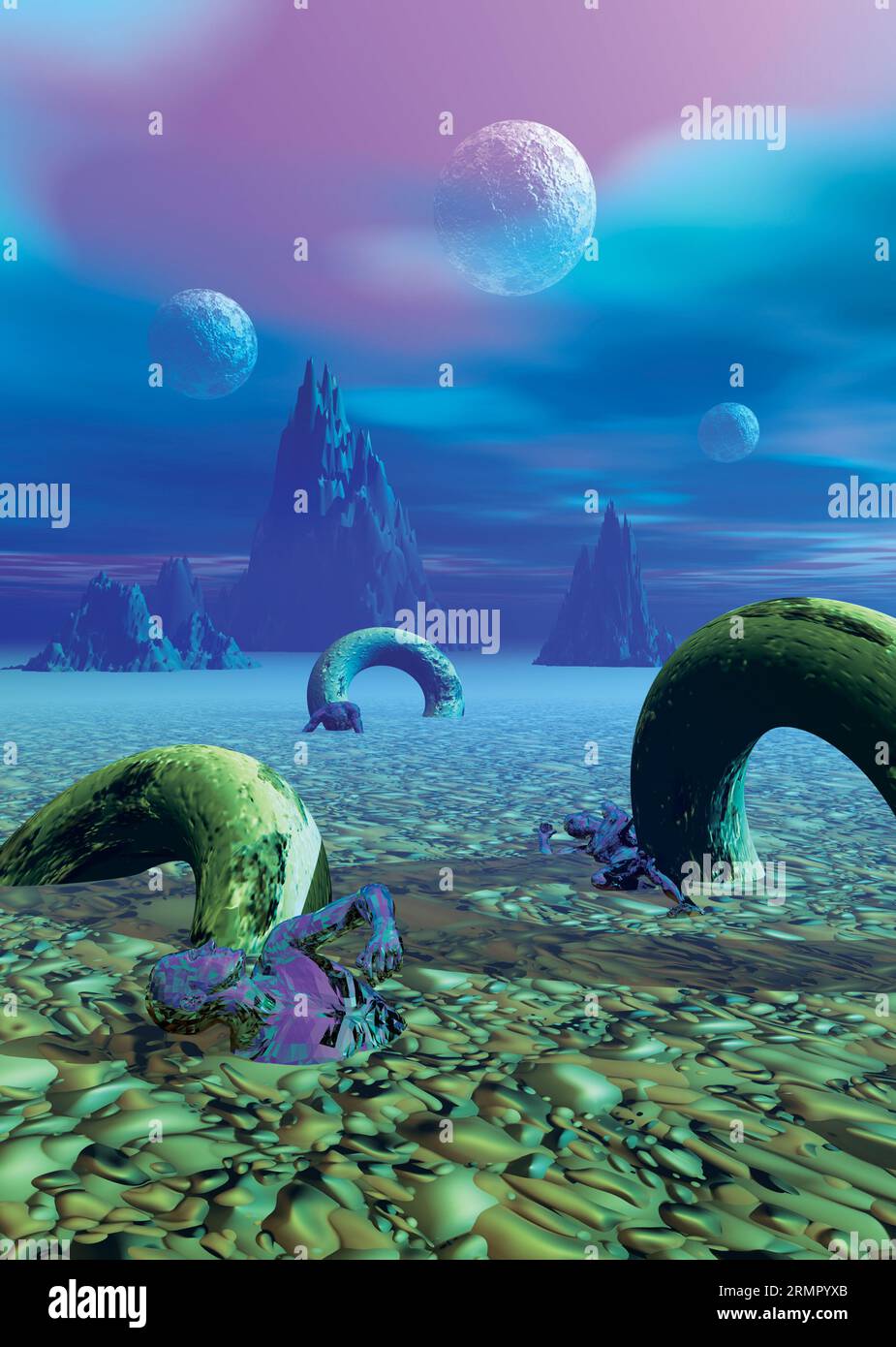 alien landscape with ring shaped structures and figures drowning in ...