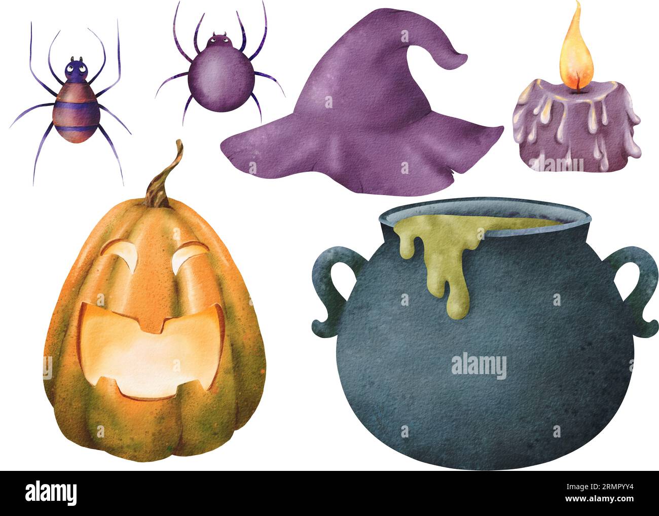 Halloween set of spiders, witch hat, candle, flame, pumpkin with funny ...