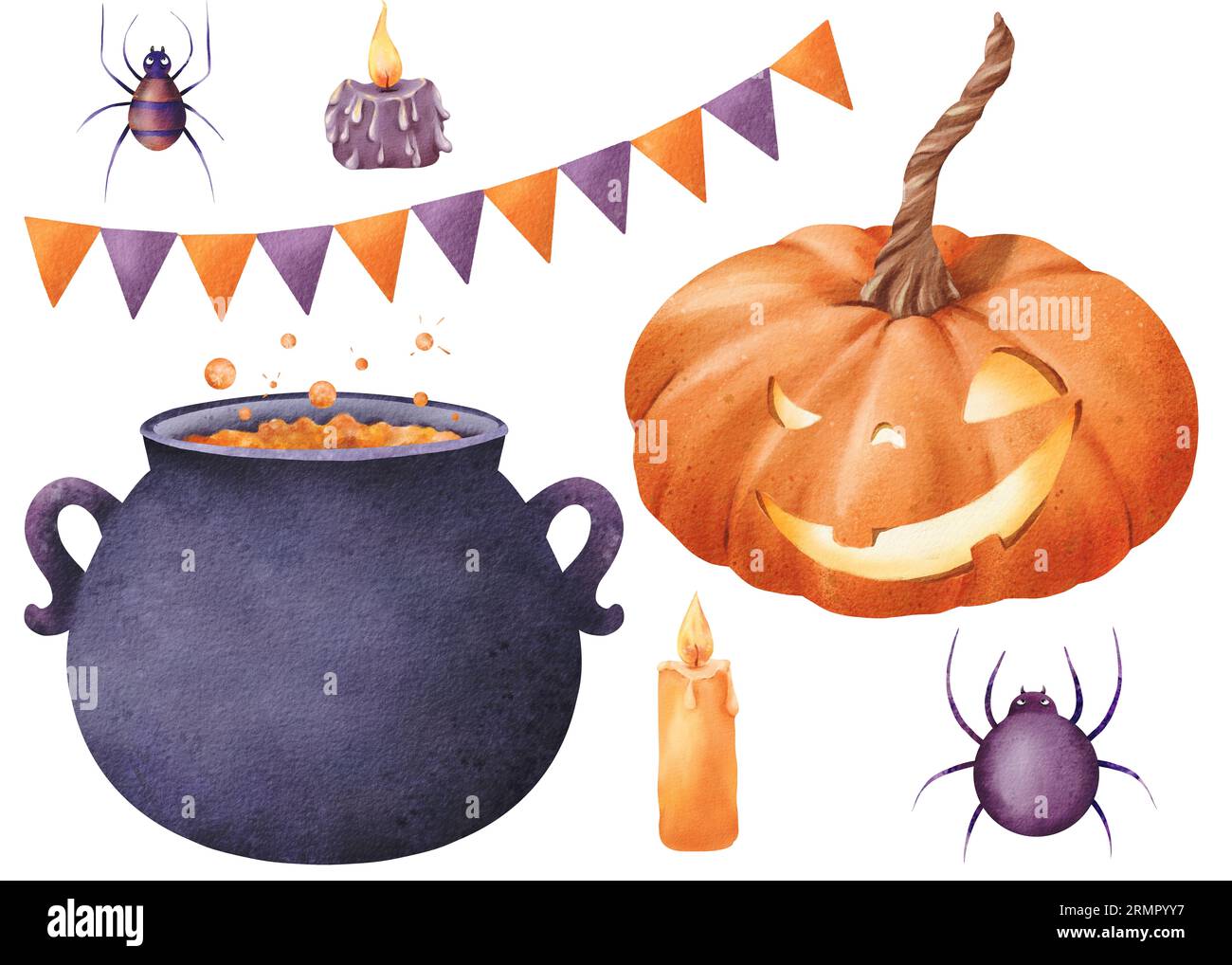 Halloween set of spiders, candle, flame, pumpkin with funny lightface ...
