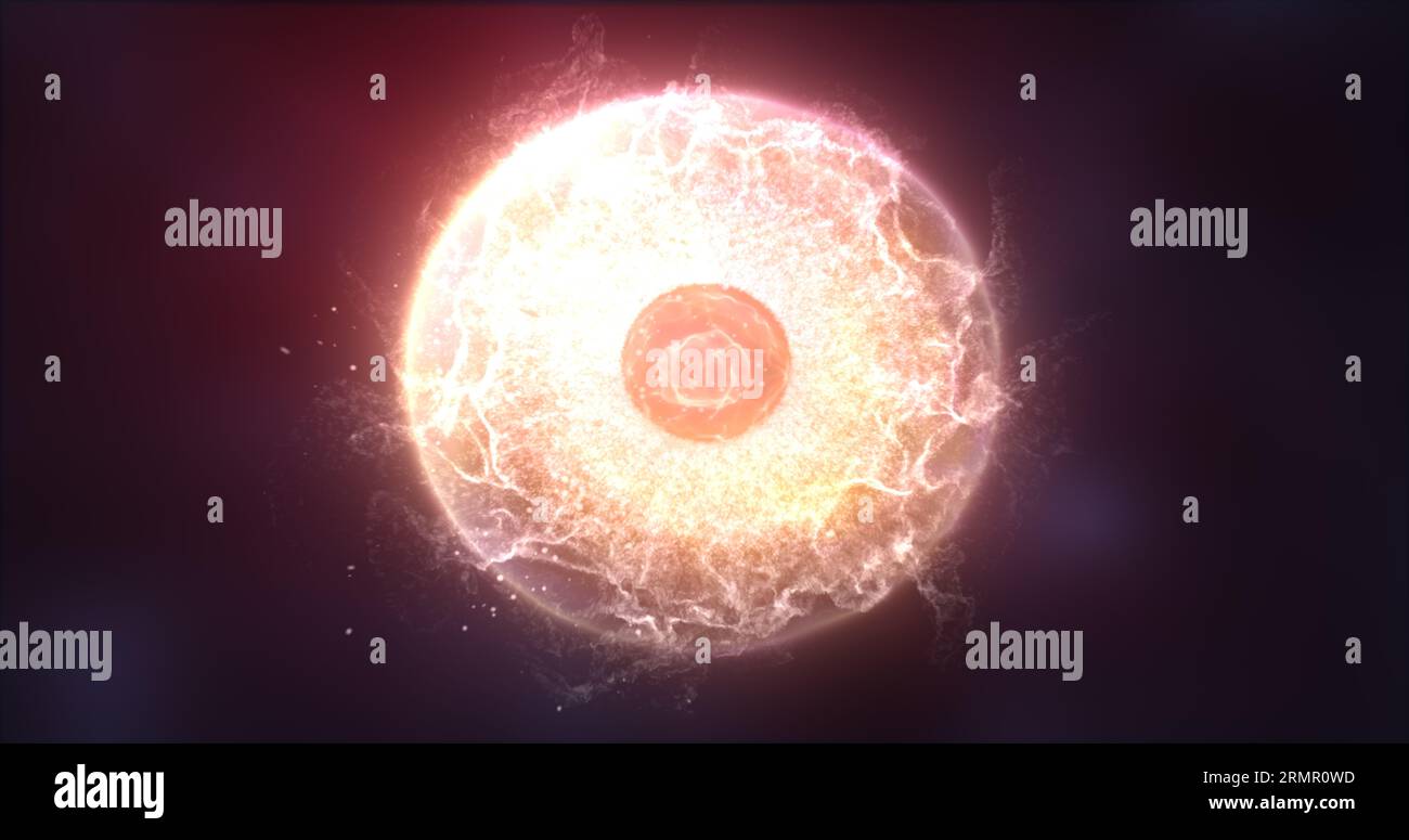 Abstract sphere atom with electrons flying glowing yellow bright ...