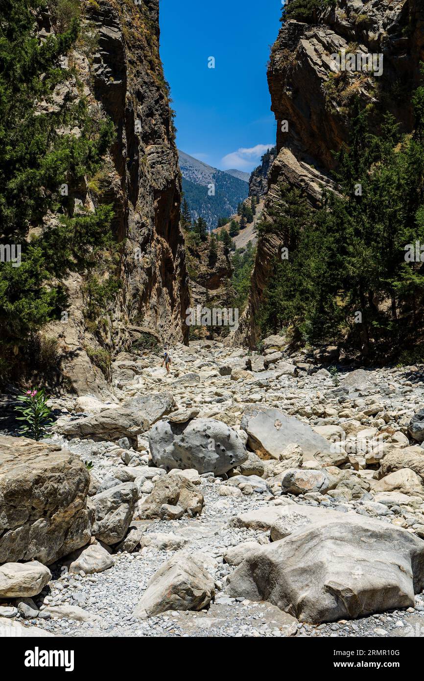 A dry, rocky river bed at the bottom of a deep gorge in the middle of a ...