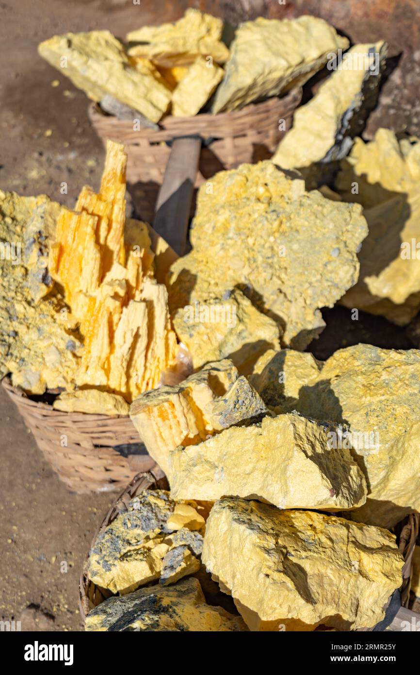 sulfuric rocks by sulfur mine at Ijen vulcano in East Java, Indonesia ...