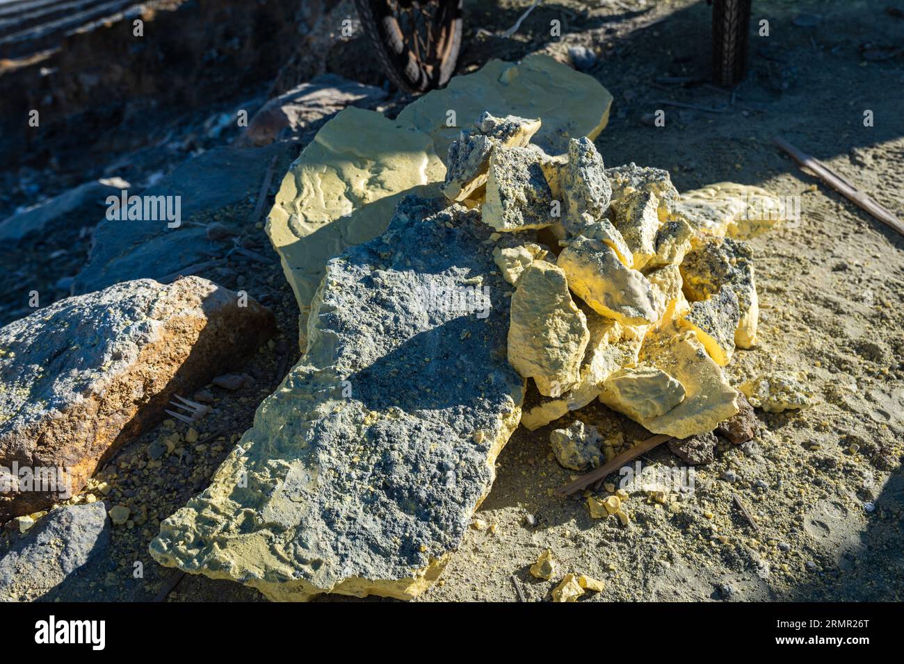 sulfuric rocks by sulfur mine at Ijen vulcano in East Java, Indonesia ...