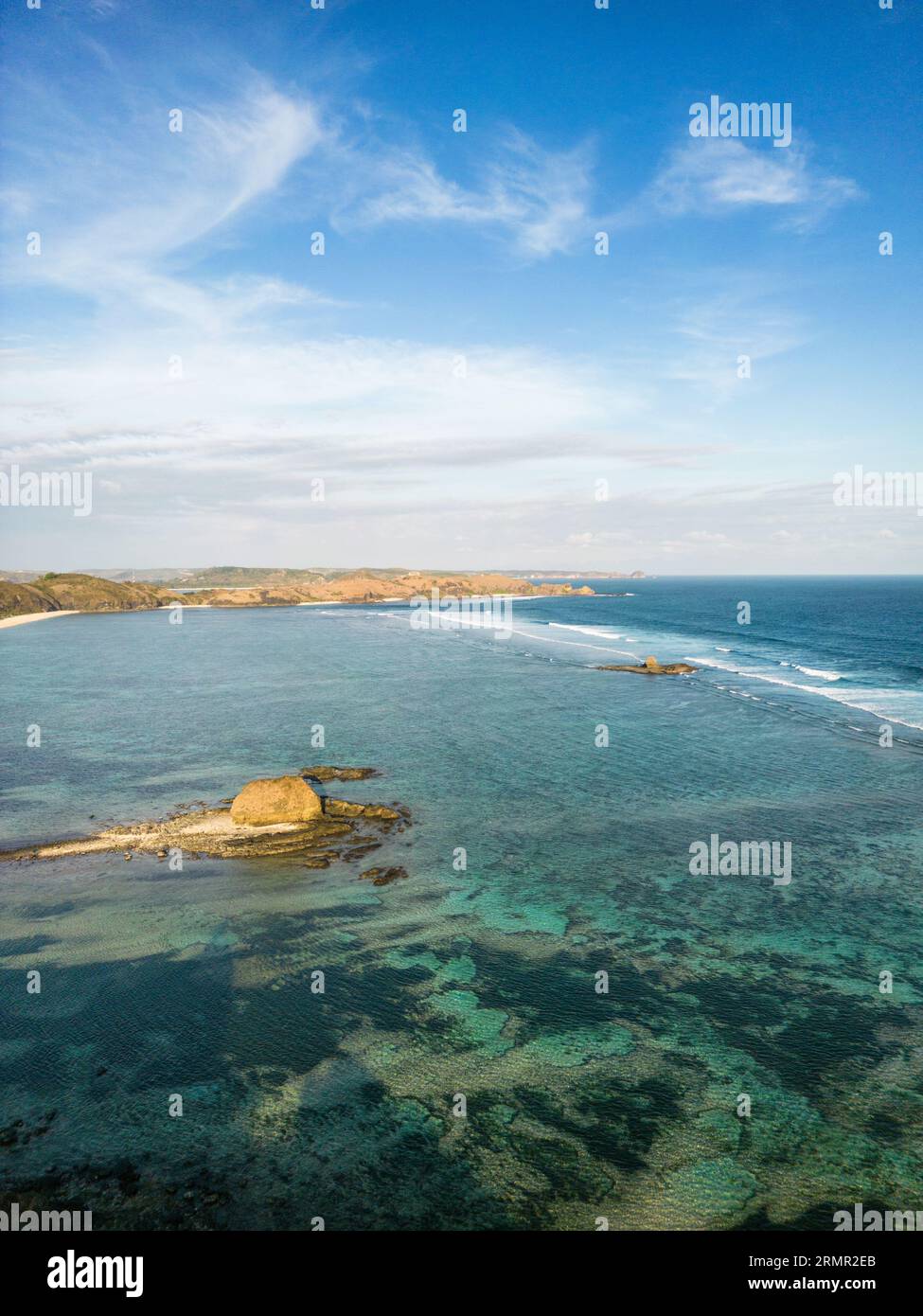 Lombok, Indonesia, Beach ocean drone aerial view landscape at Seger ...