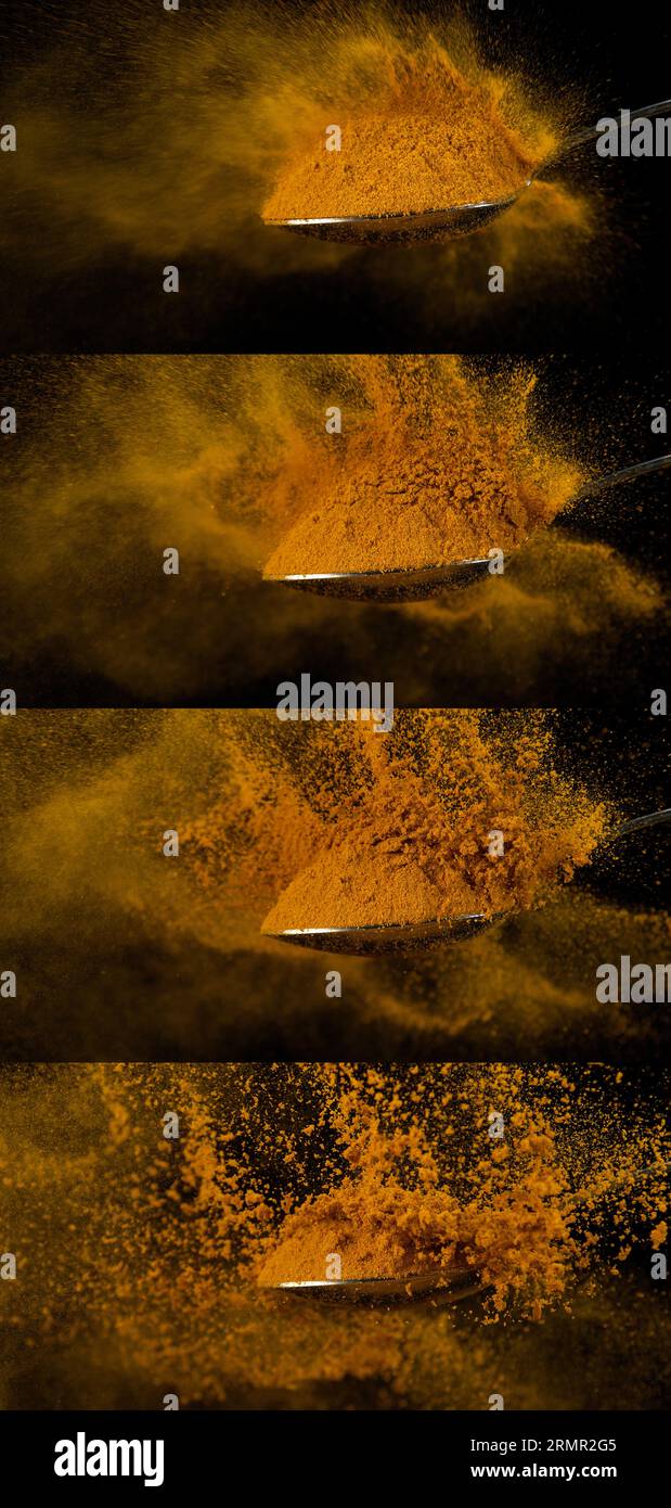 Spoon and Curry Powder falling from Spoon against Black Background ...