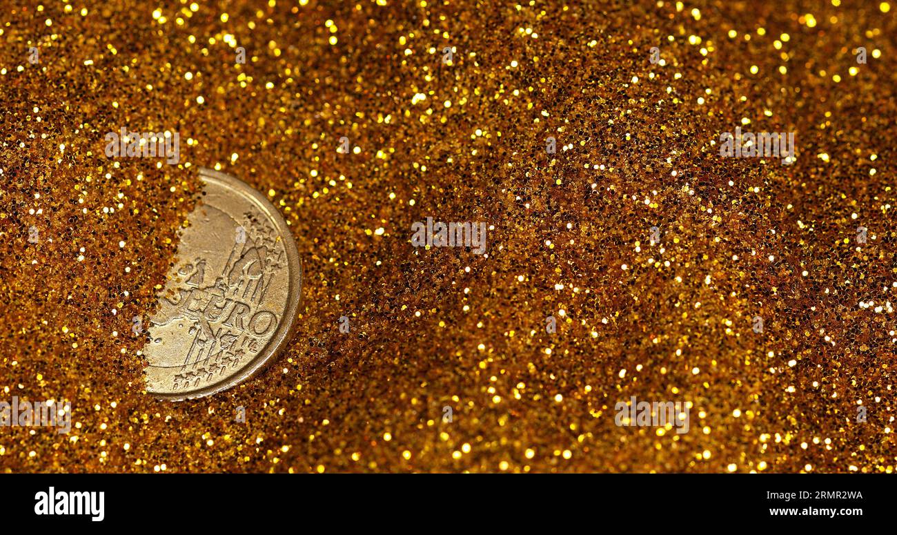 Coin of 1 Euro Rolling on Gold Powder against Black Background Stock ...