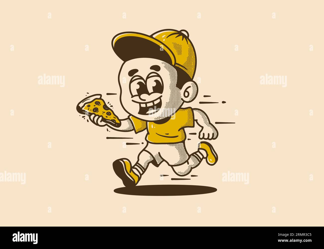 a little boy running and holding a slice of pizza, vintage illustration ...