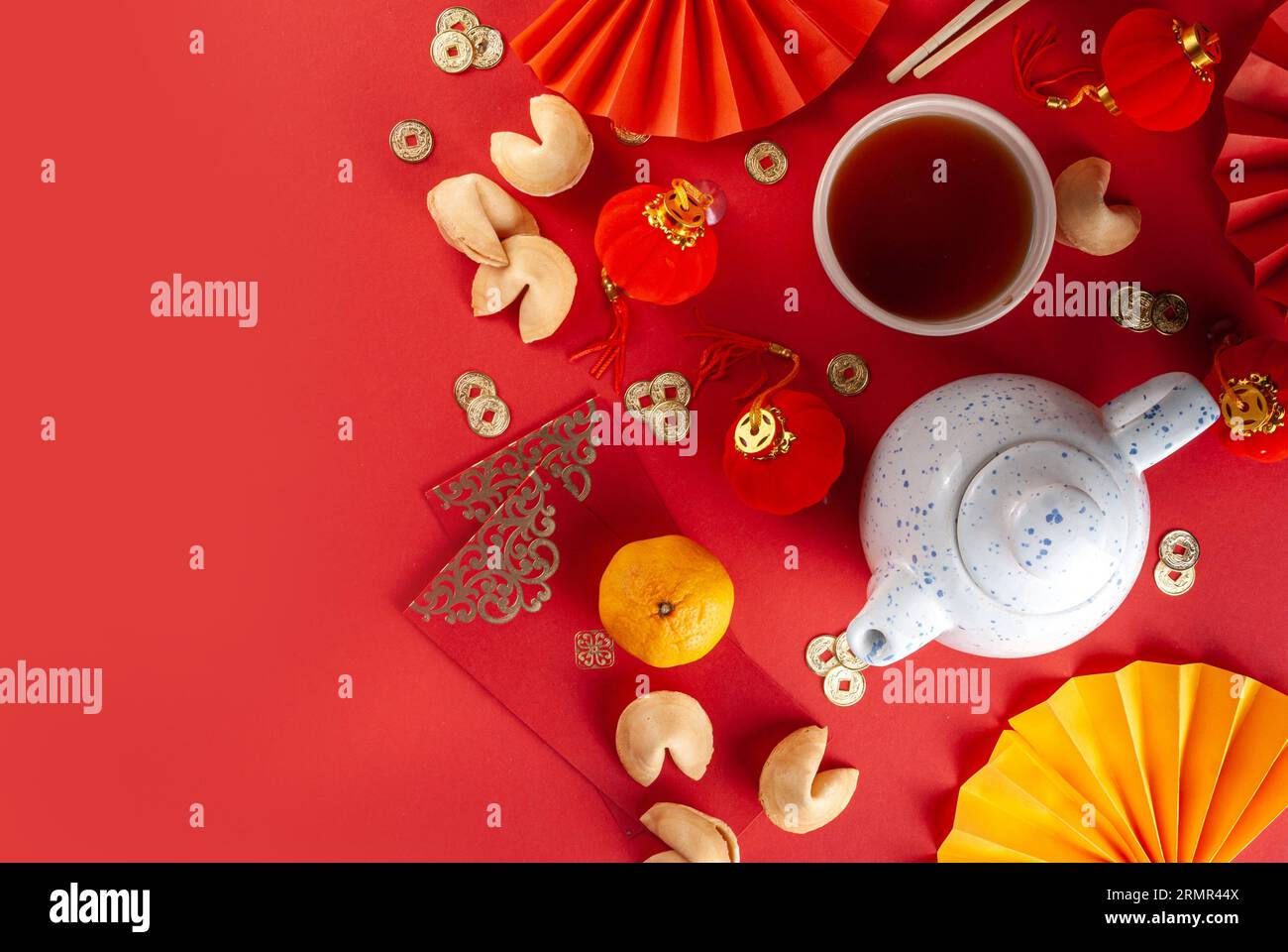 Chinese new year background. Red and golden yellow flatlay with ...