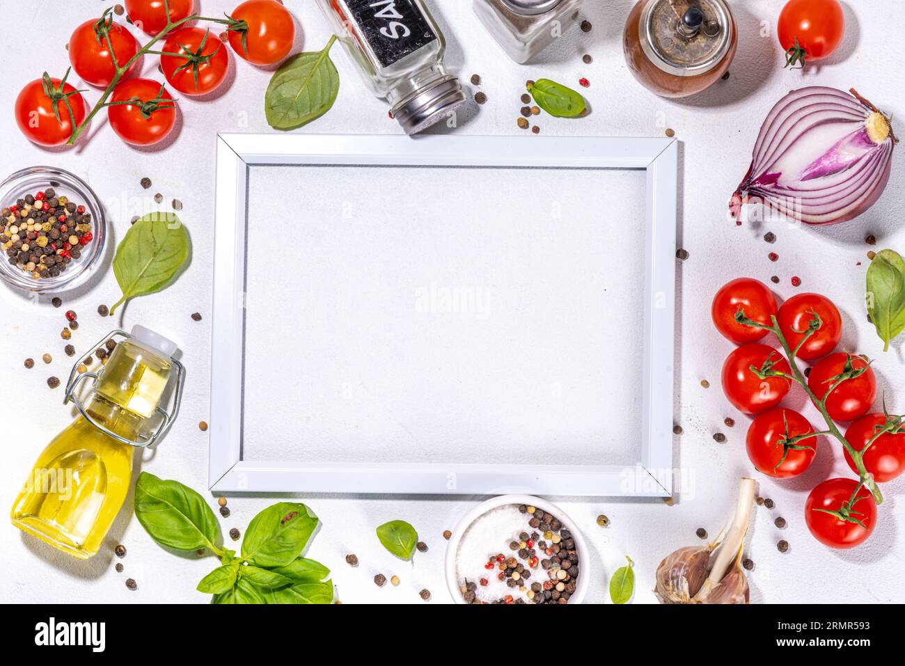 White cooking background with useful cooking italian Mediterranean ...