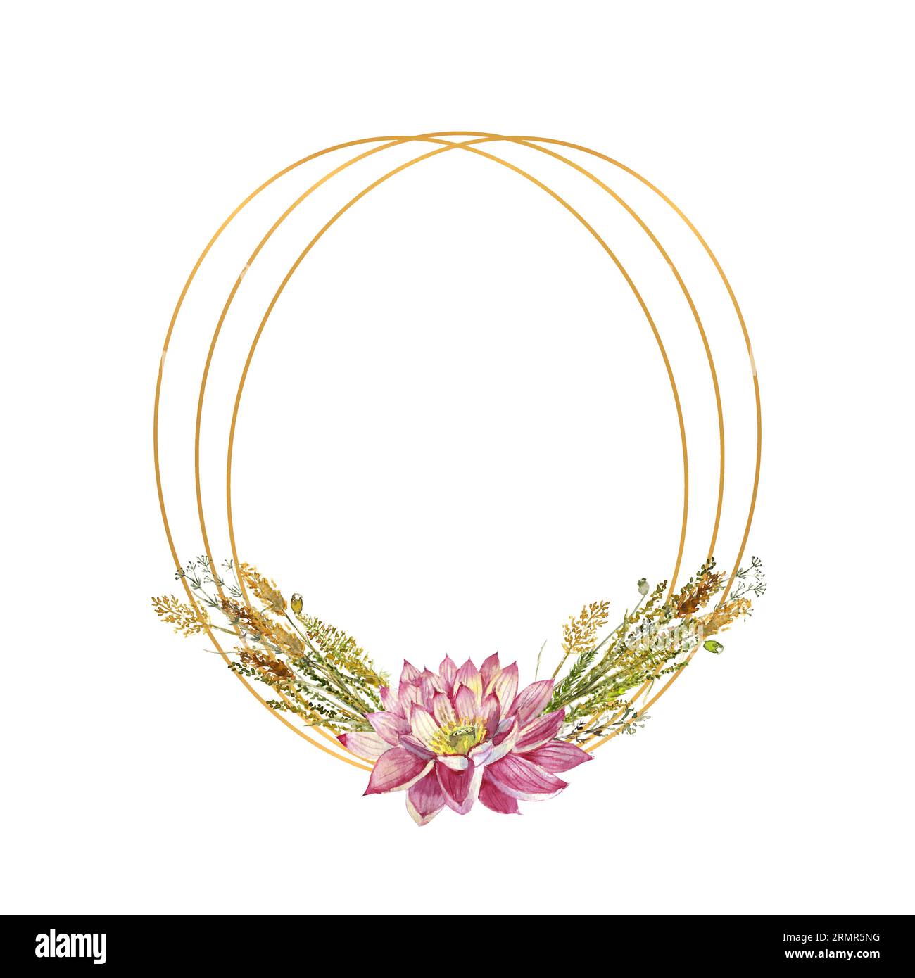 A oval frame with flowers of water lilies and wild forest grasses ...
