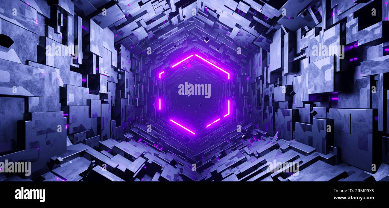 Sci-fi hexagonal empty tunnel with glowing neon hexagon sign background ...