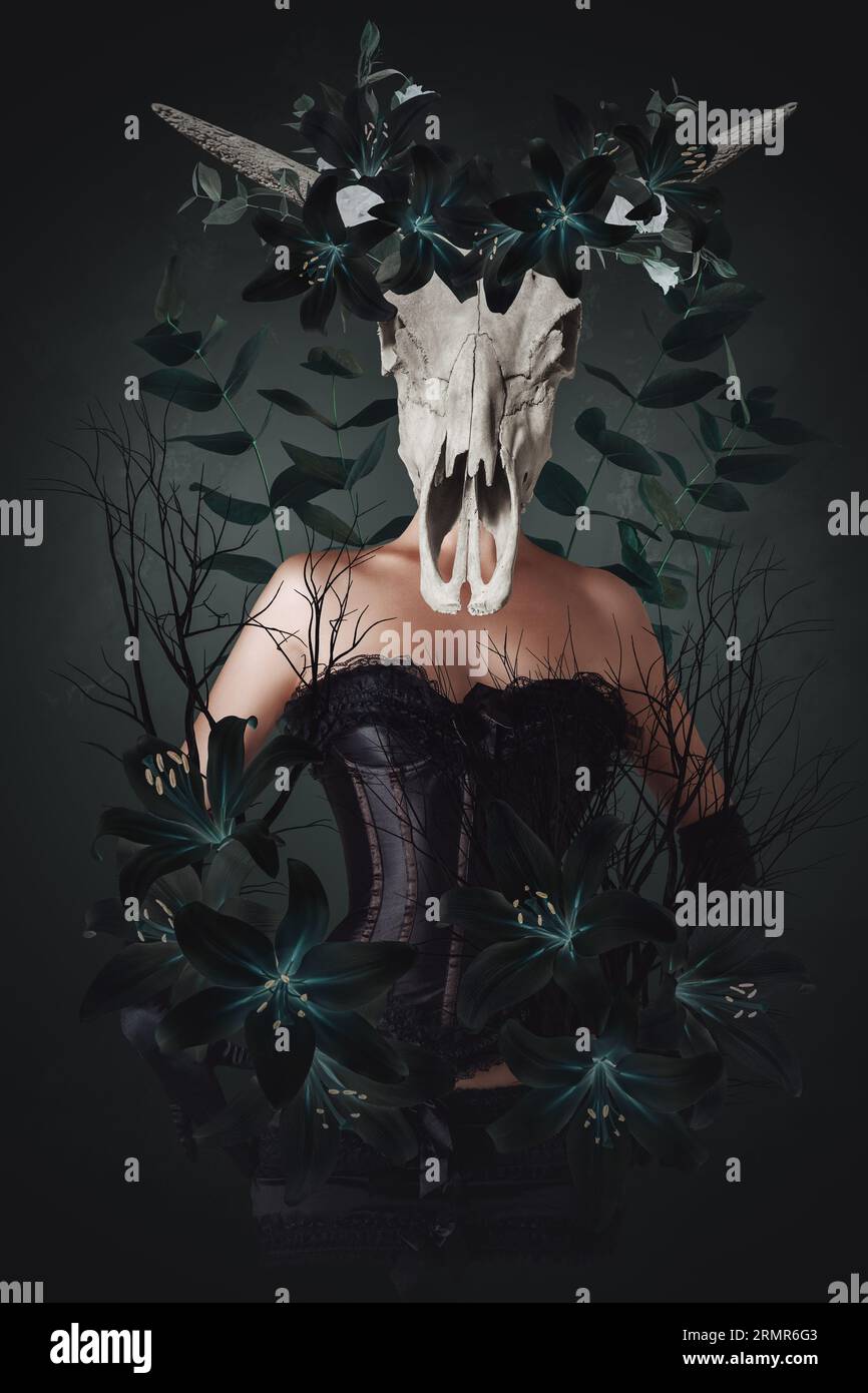Mysterious woman portrait. Concept dark art collage of witch dead ...