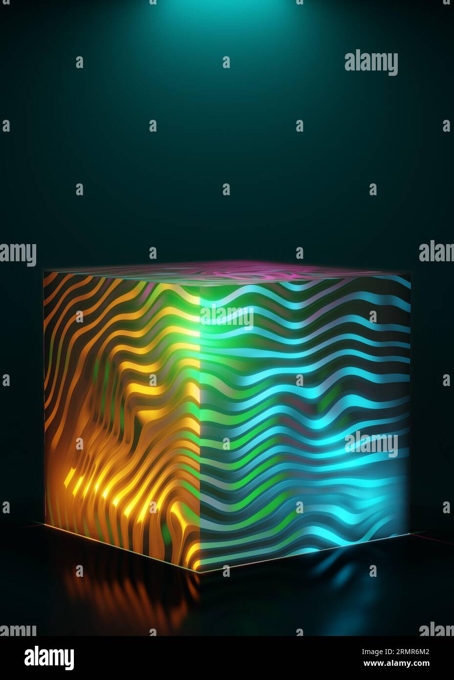 3d rendering of neon abstract background with glowing waves over isolated cube. Laser show in ...