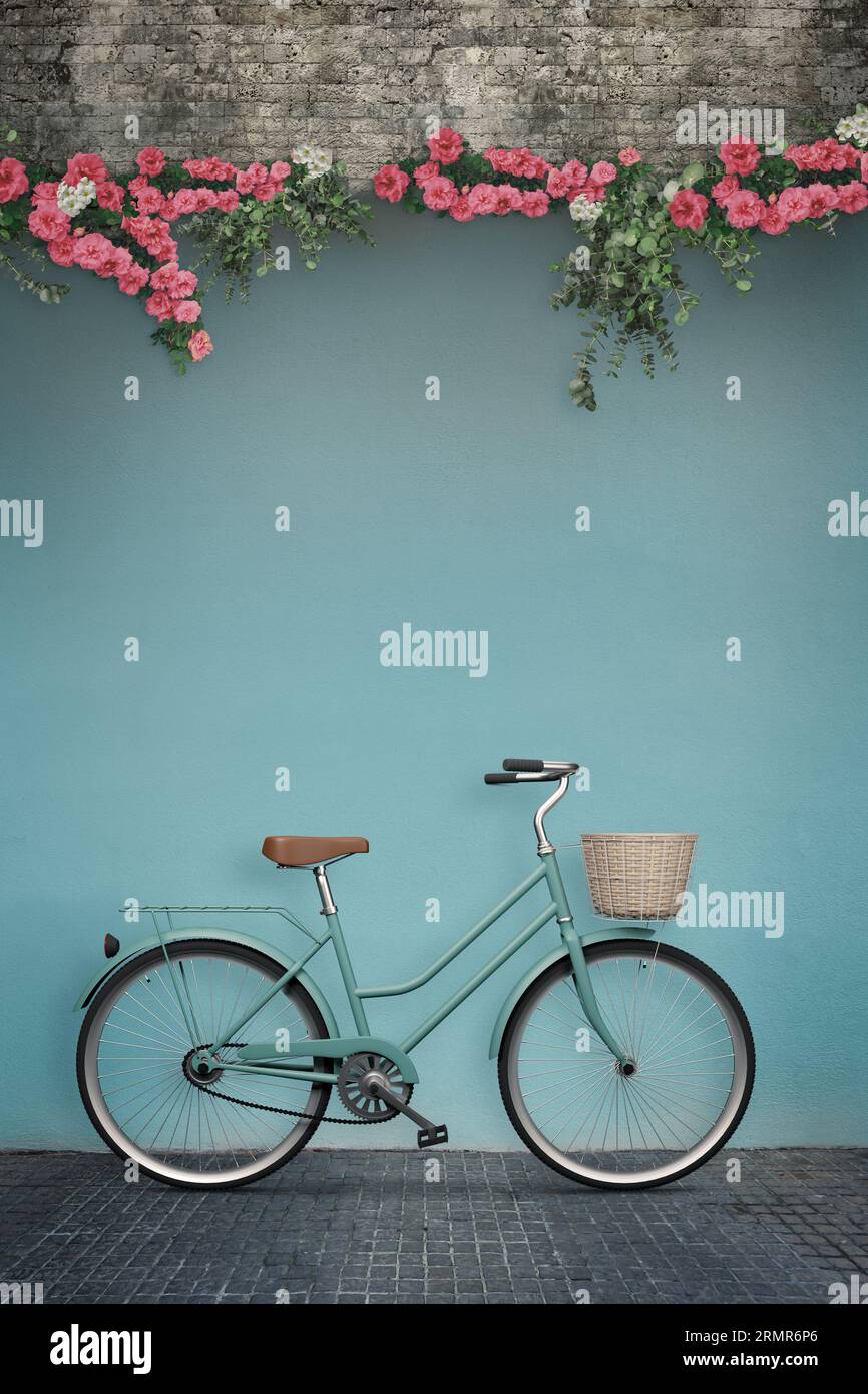 Composite image of a charming scene featuring a classic female bicycle ...
