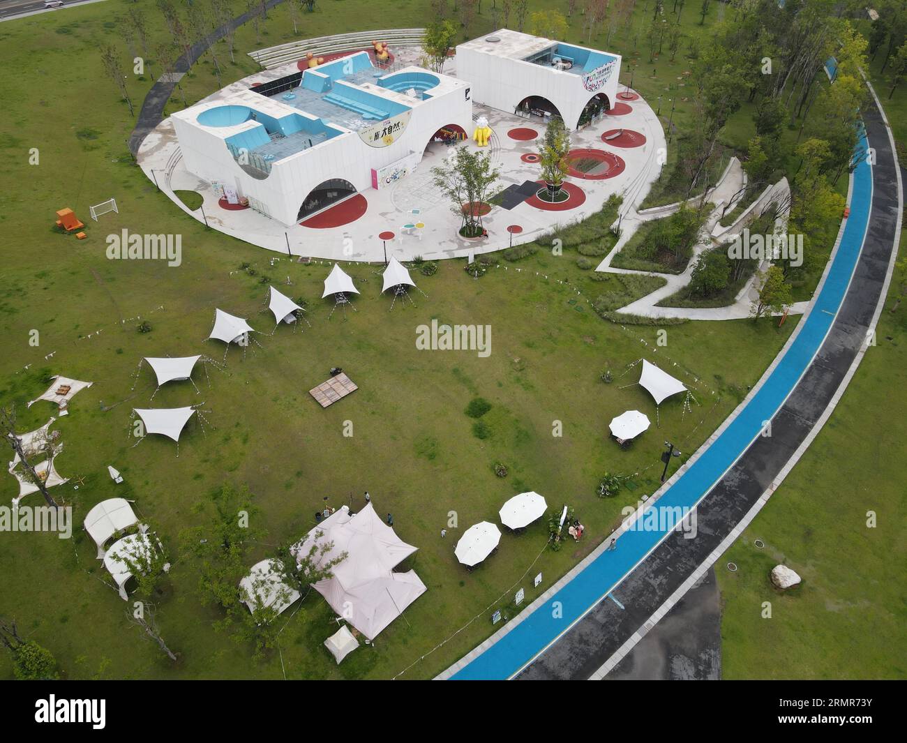 Aerial photo shows a giant panda themed children's art center in ...