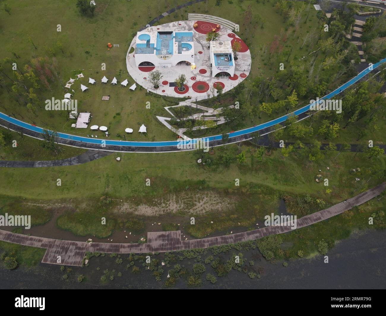 Aerial photo shows a giant panda themed children's art center in ...