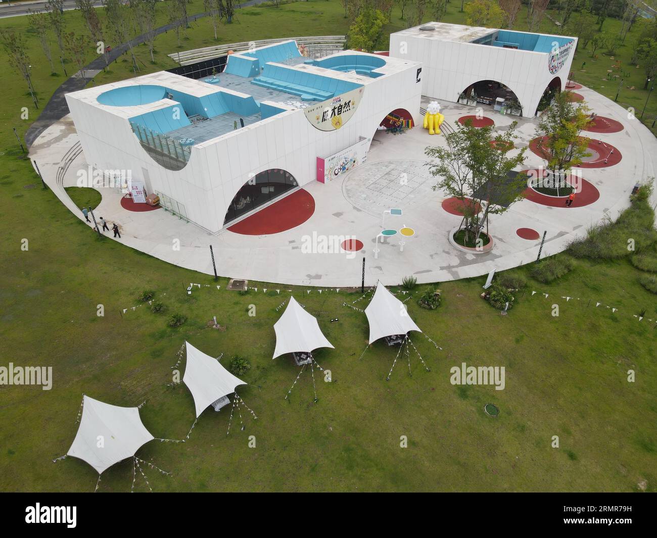 Aerial photo shows a giant panda themed children's art center in ...