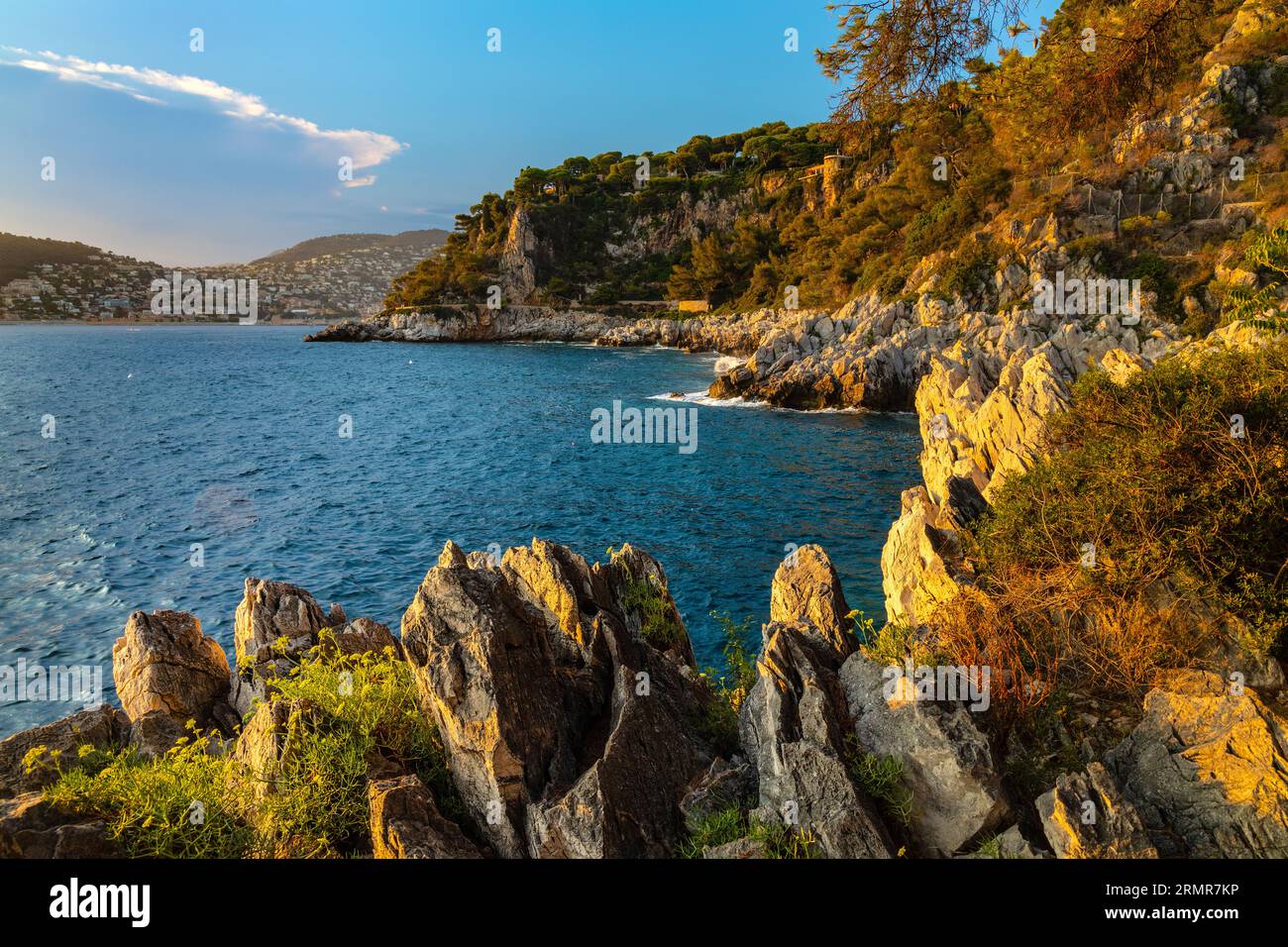 Rocks and cliffs shoreline sunset landscape of Cap Ferrat cape hosting ...