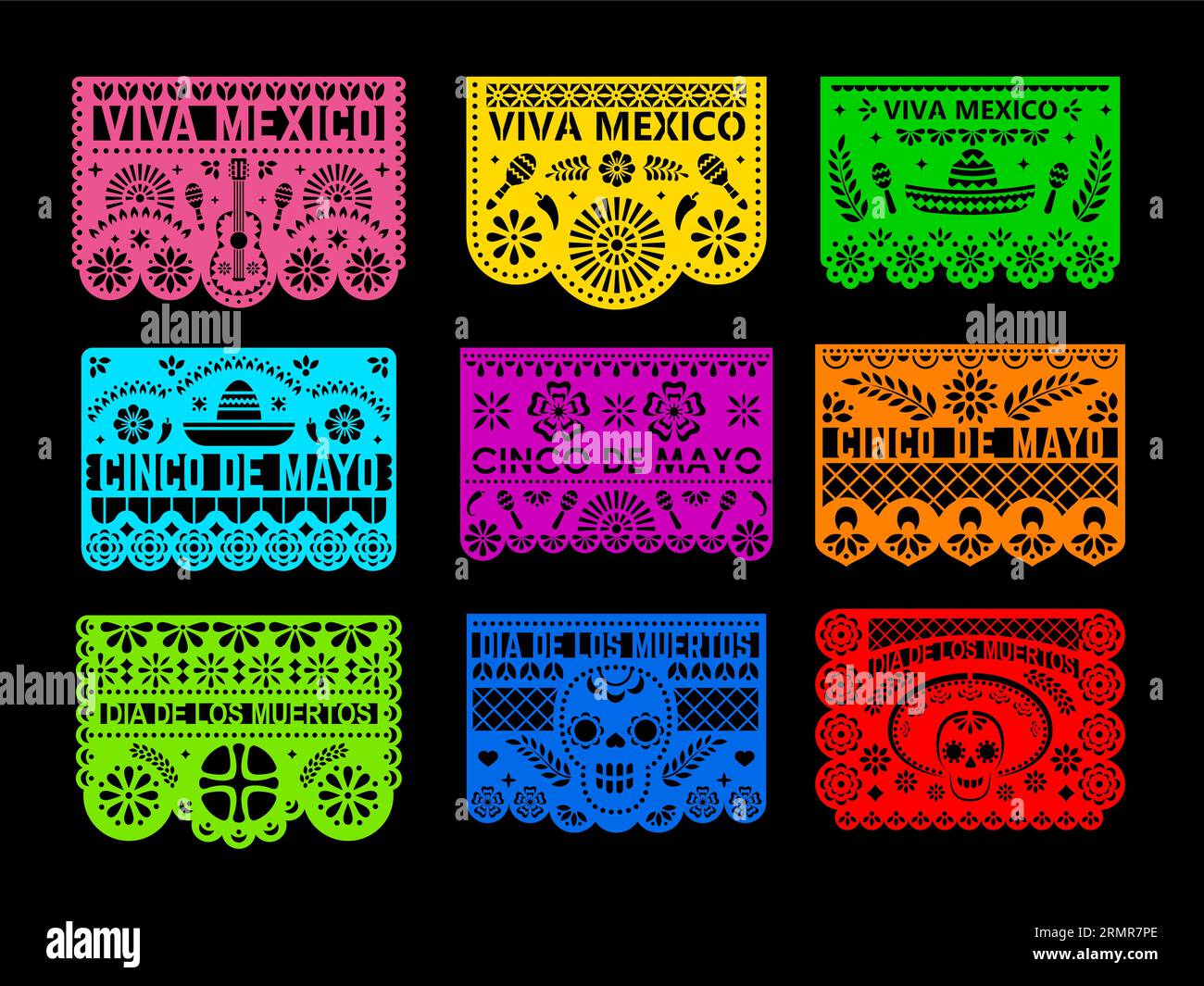 Mexican papel picado paper cut holiday flags and banners. Vector Mexico ...
