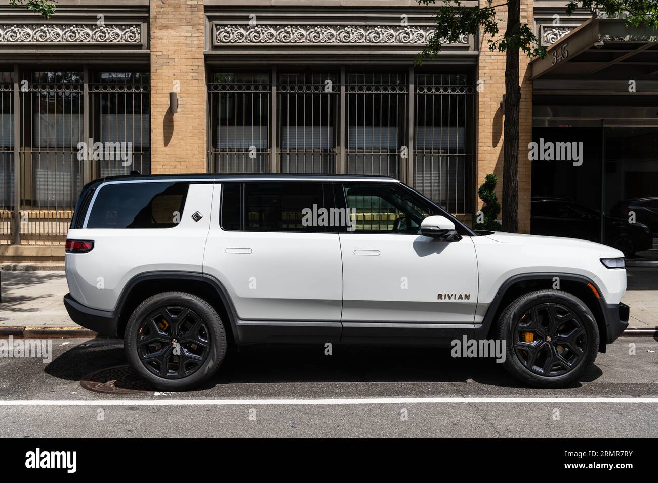 New York City, USA - August 06, 2023: Rivian R1S SUV white electric car ...