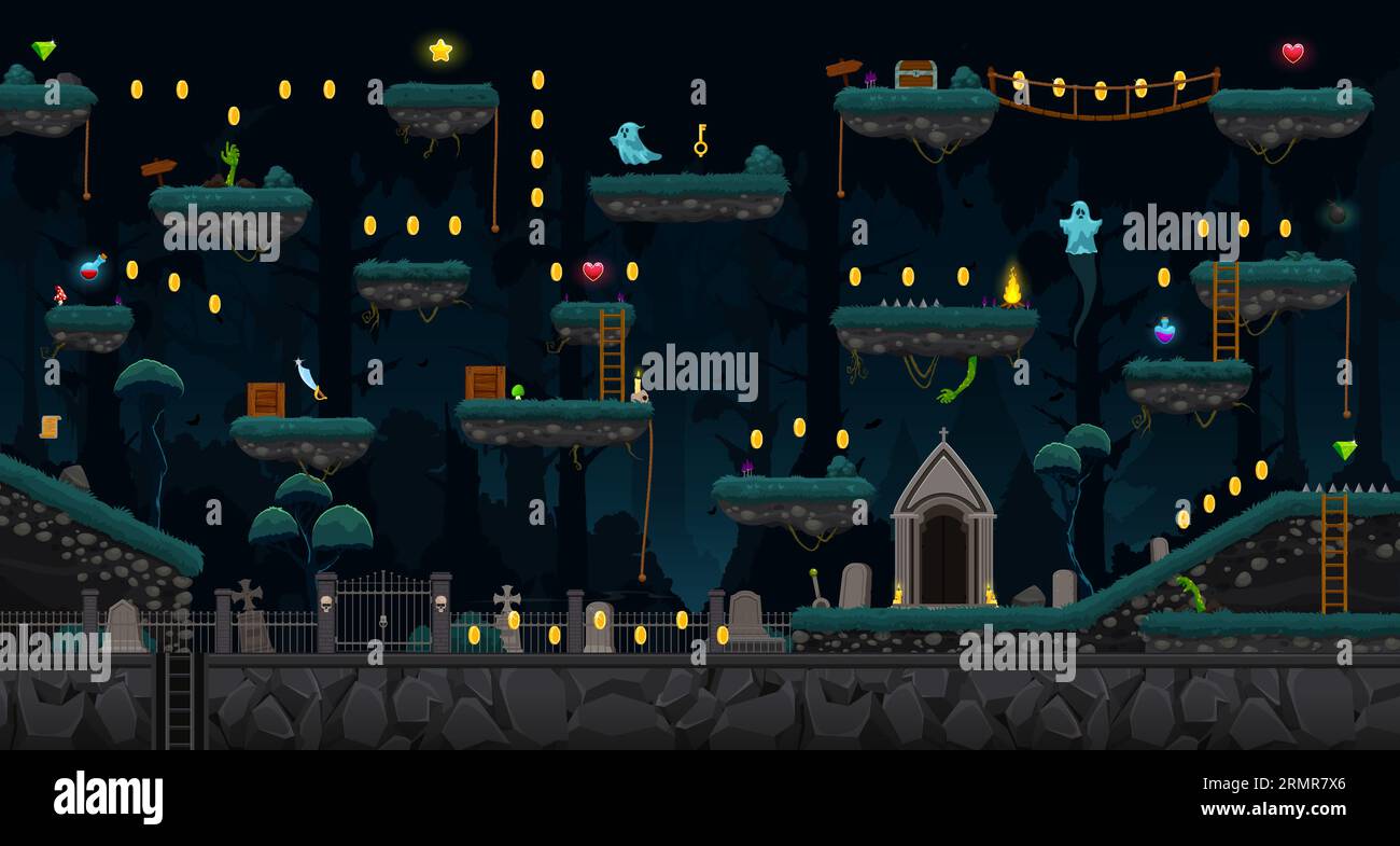 Arcade Halloween night cemetery game level map interface with platforms ...
