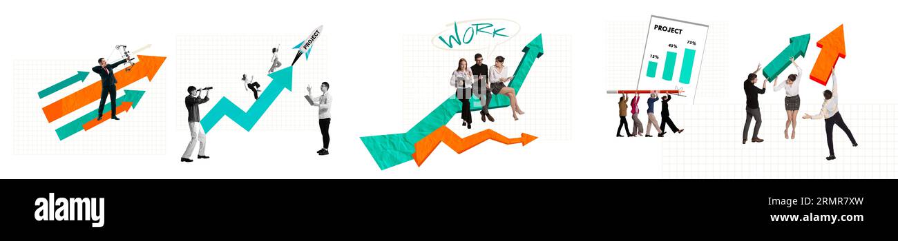 Employees, colleagues working on project launch. Teamwork, challenges ...