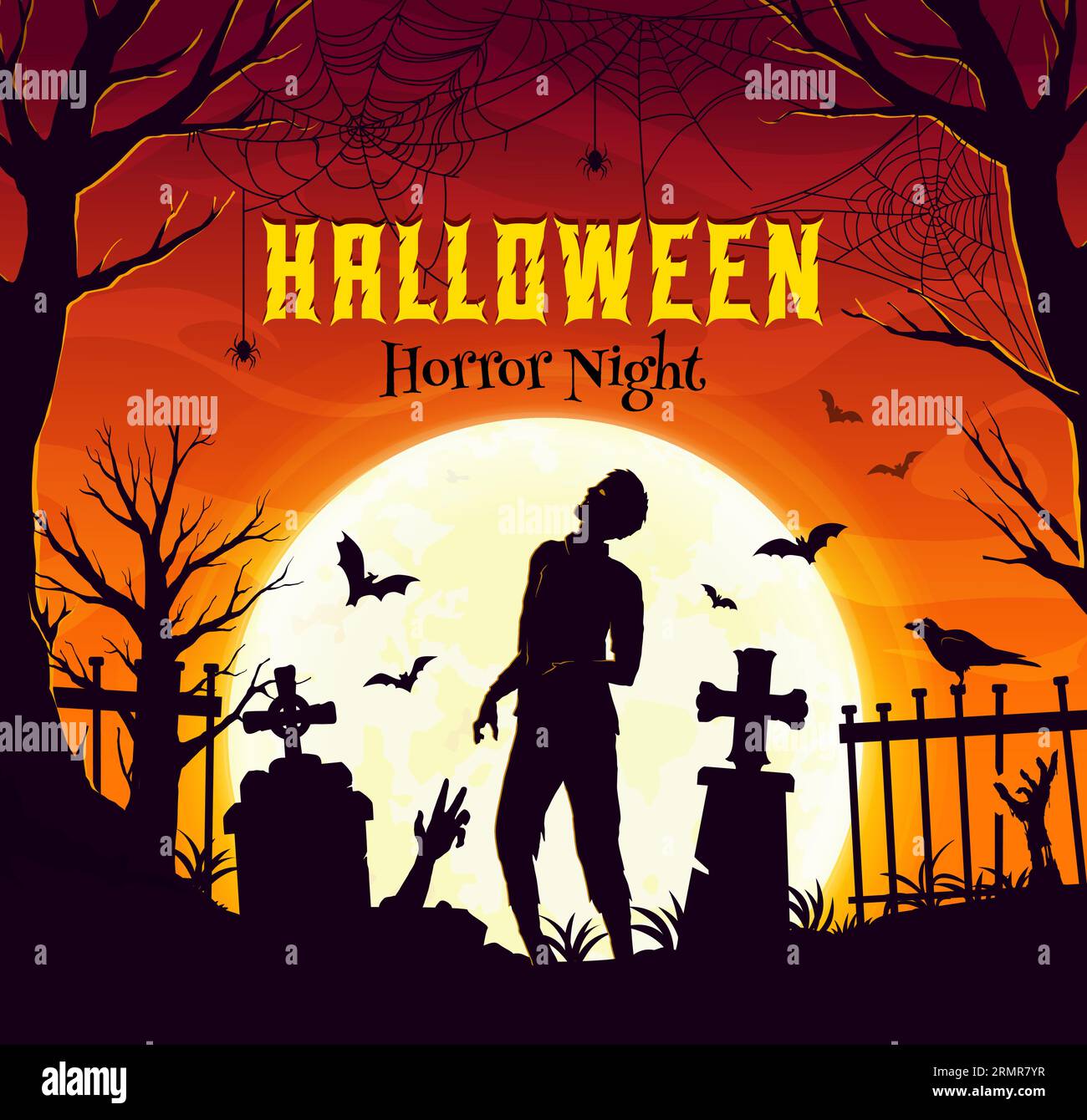 Halloween banner, zombie silhouette and flying bats on cemetery ...