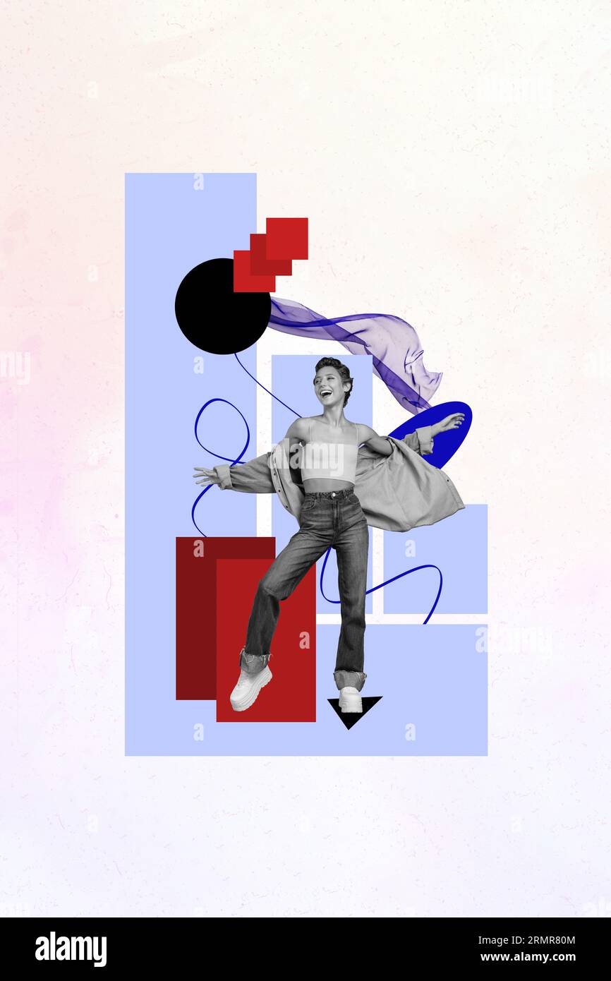 Vertical collage image of excited black white effect girl enjoy dancing ...