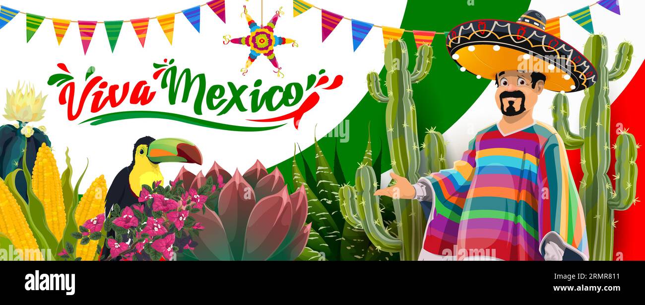 Viva Mexico banner with Mexican cowboy character, toucan, cactuses and ...