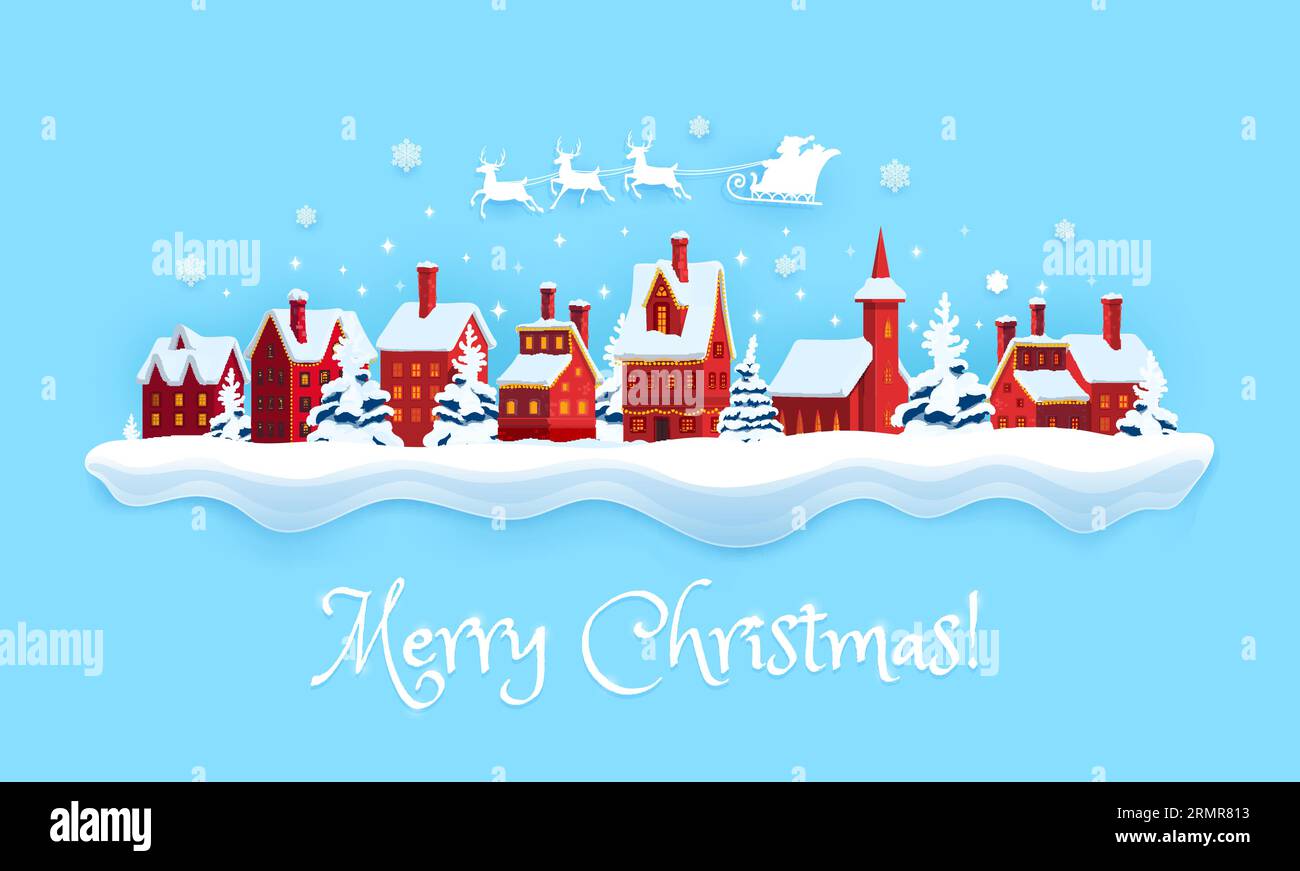 Christmas banner with snowy town and Santa sleigh on sky. Vector Merry ...