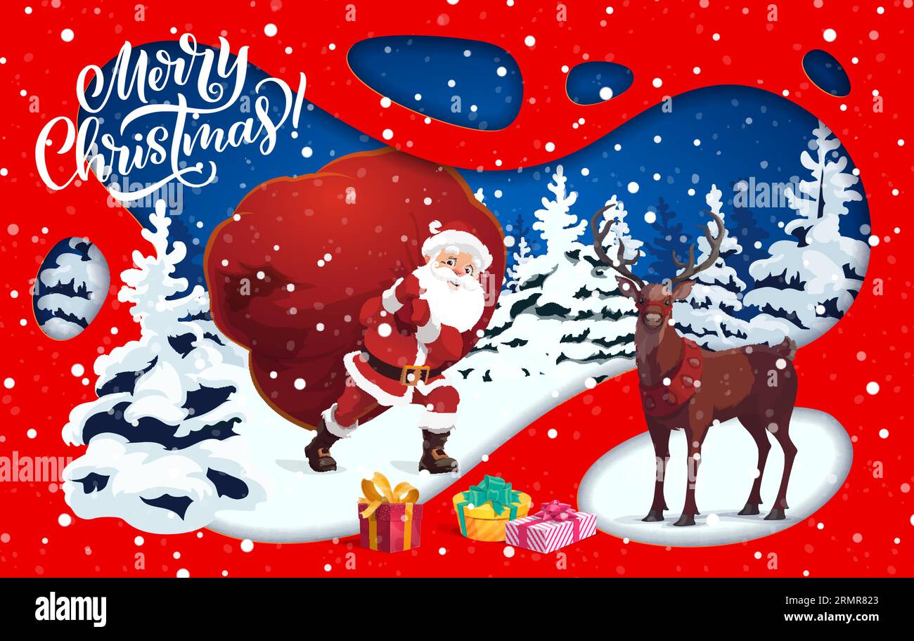 Christmas paper cut landscape, reindeer and Santa claus. Cartoon vector ...